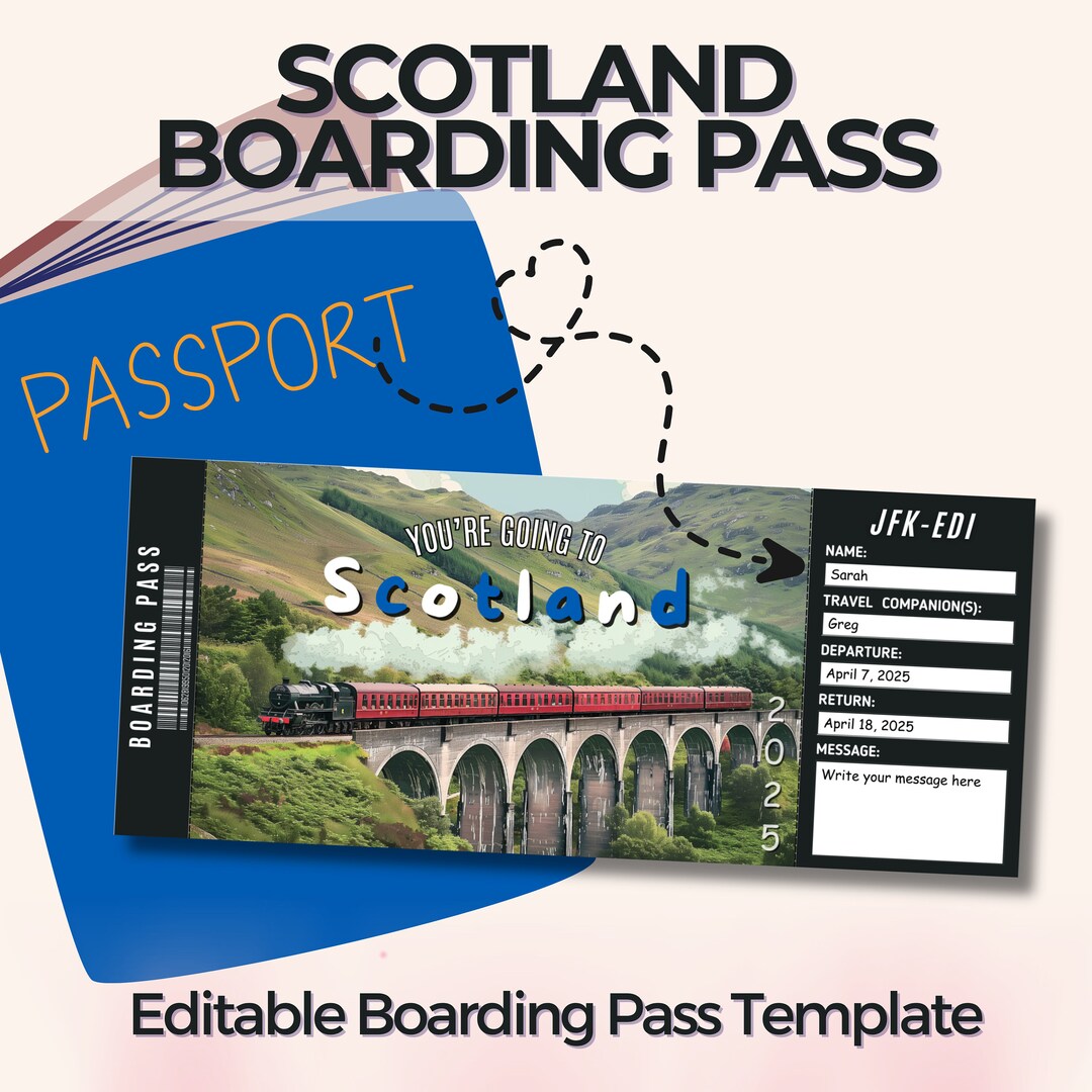 Scotland Boarding Pass, Custom Flight Ticket, Editable Canva Template ...