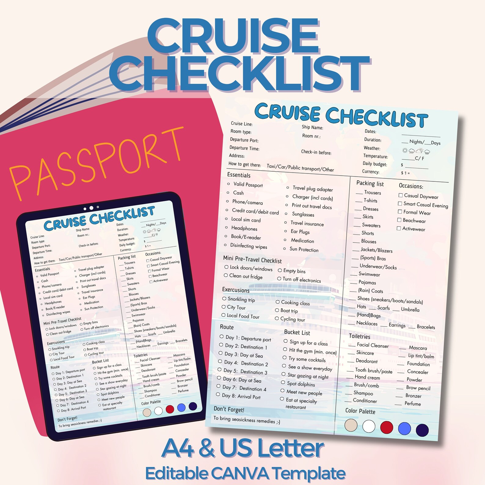Cruise Checklist Canva Template - Minimalist Travel Planner and Bucket ...