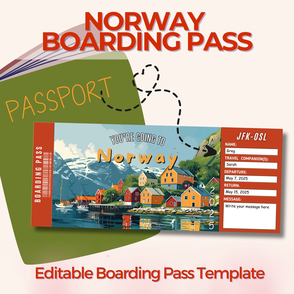 Norway Surprise Ticket, Editable Boarding Pass, Custom Ticket Template ...