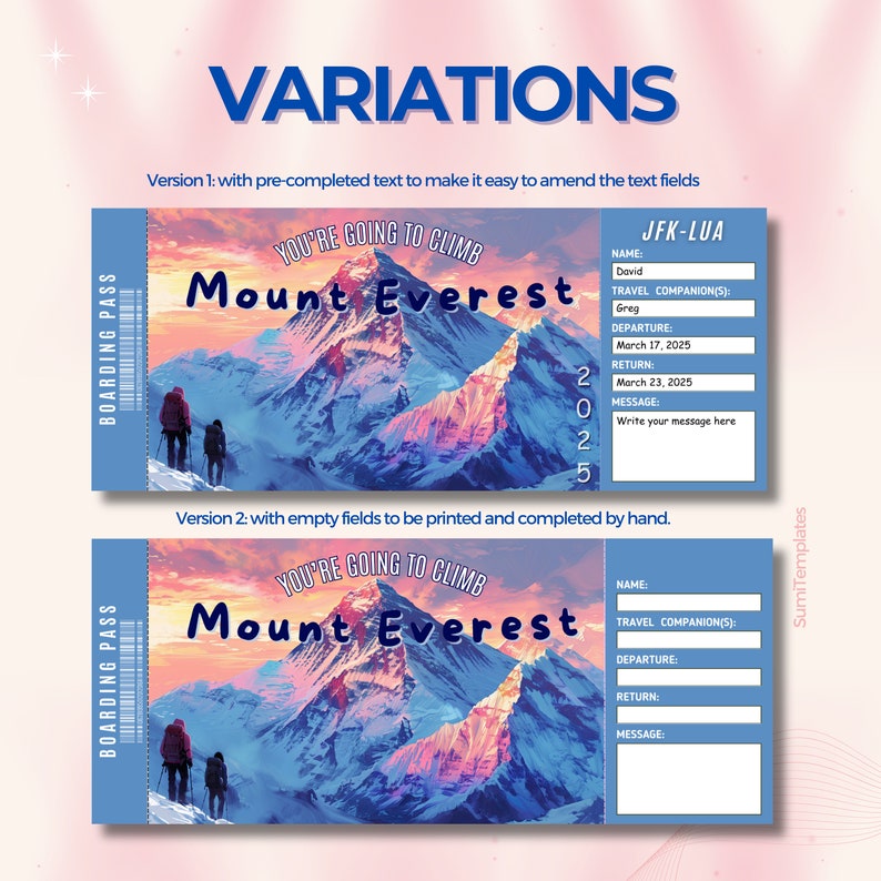 Mount Everest Boarding Pass, Custom Flight Ticket, Editable Canva ...