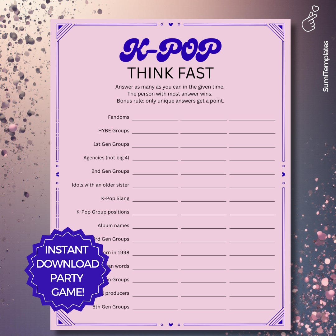 K-pop Think Fast Game, K-pop Challenges, Printable K-pop Game, Instant ...