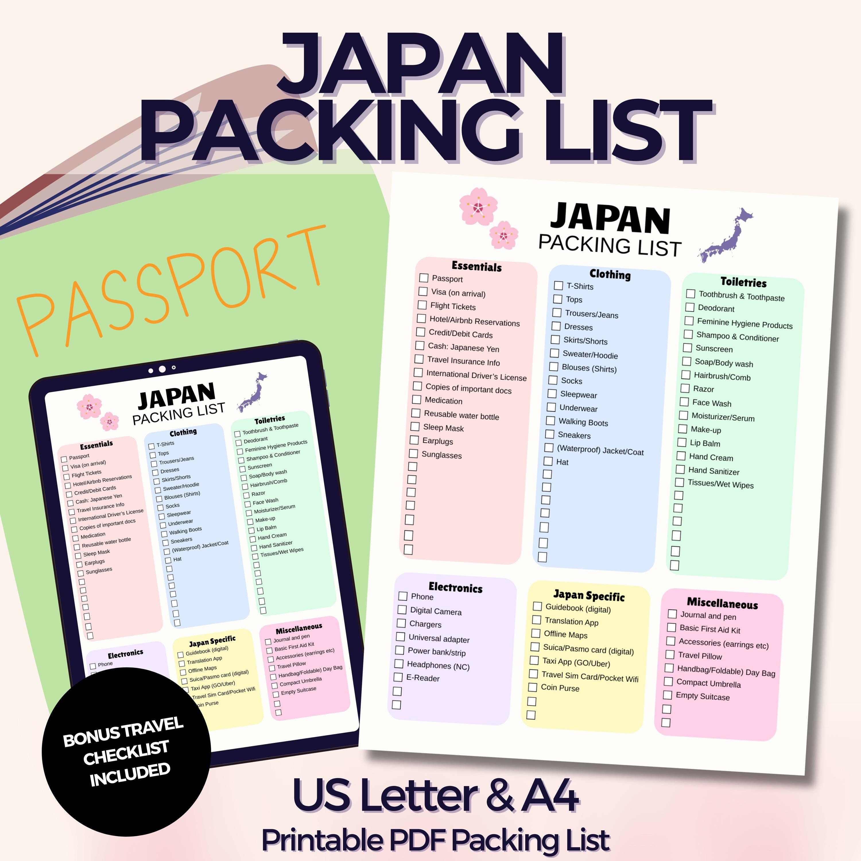 Printable Japan Packing List, Japan Checklist, Color-coded Packing List ...