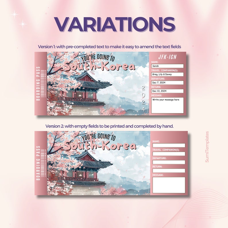 Editable South Korea Boarding Pass, Custom Ticket Template, Seoul Trip ...