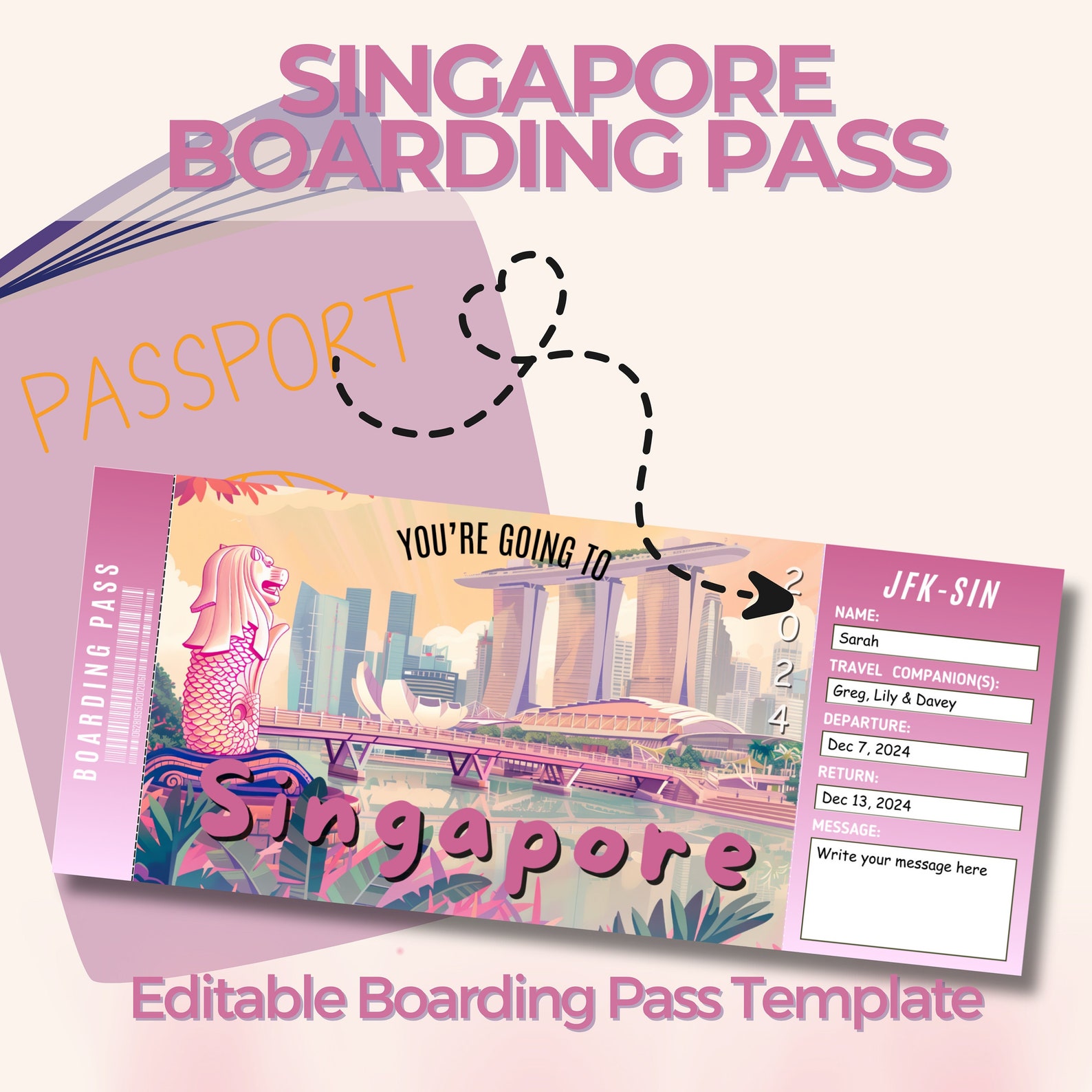 Editable Singapore Boarding Pass, Custom Travel Flight Ticket Template ...