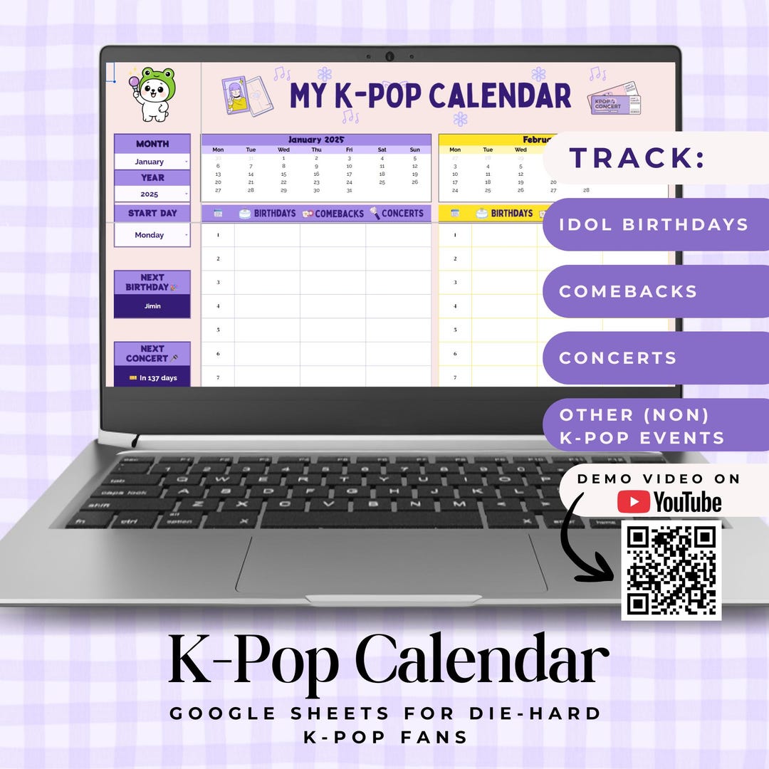 K-pop Planner, Yeart at a Glance Calendar, Google Sheet, Dynamic Event ...