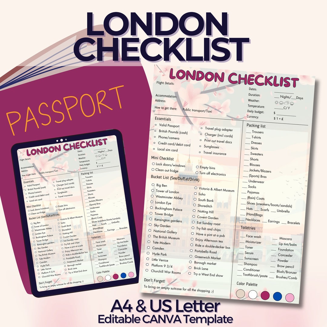 London Checklist Canva Template - United Kingdom Minimalist Travel ...