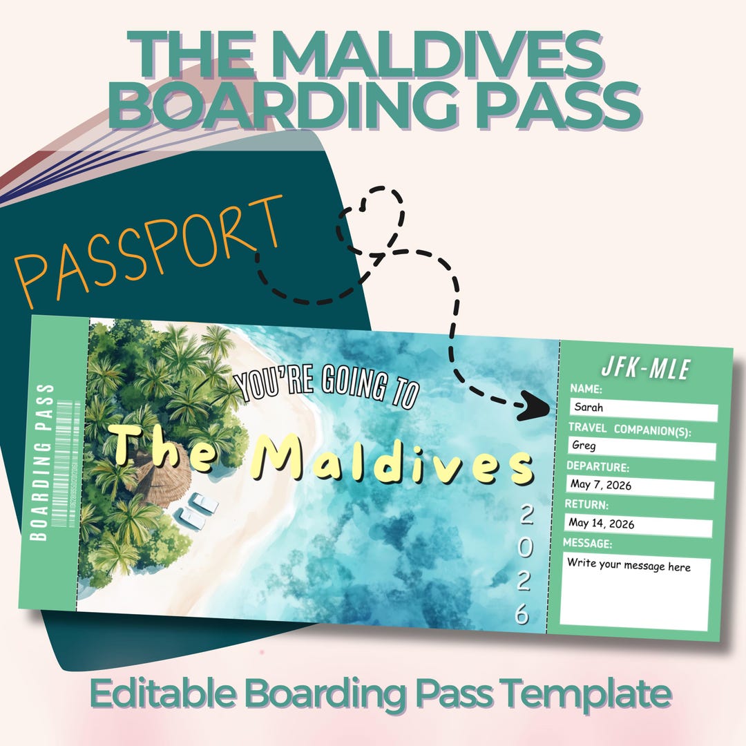 The Maldives Boarding Pass, Newlyweds Surprise Ticket, Personalized ...
