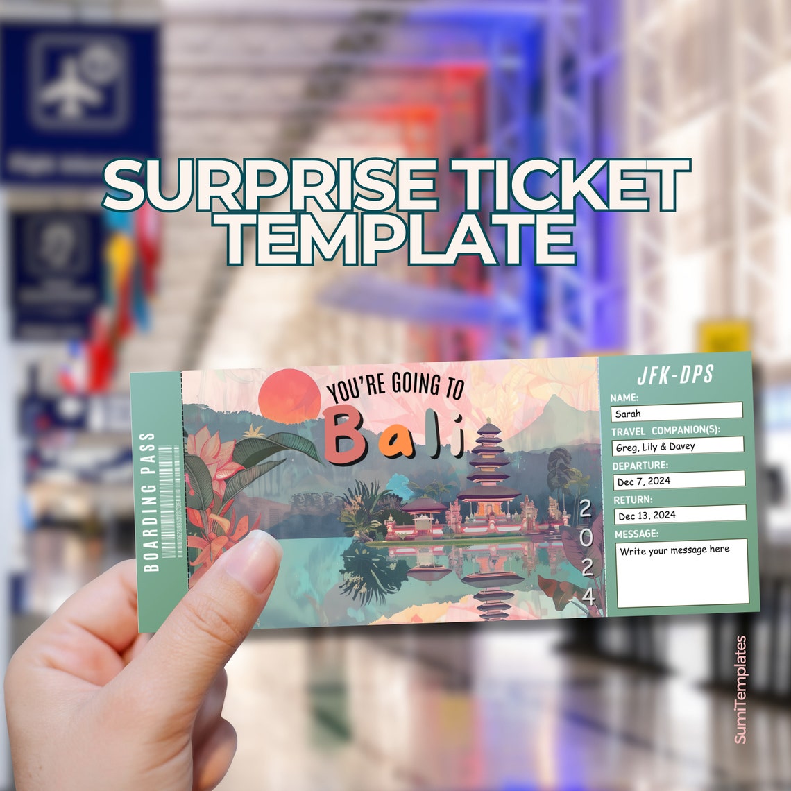 Editable Bali Boarding Pass, Custom Flight Ticket Canva Template ...