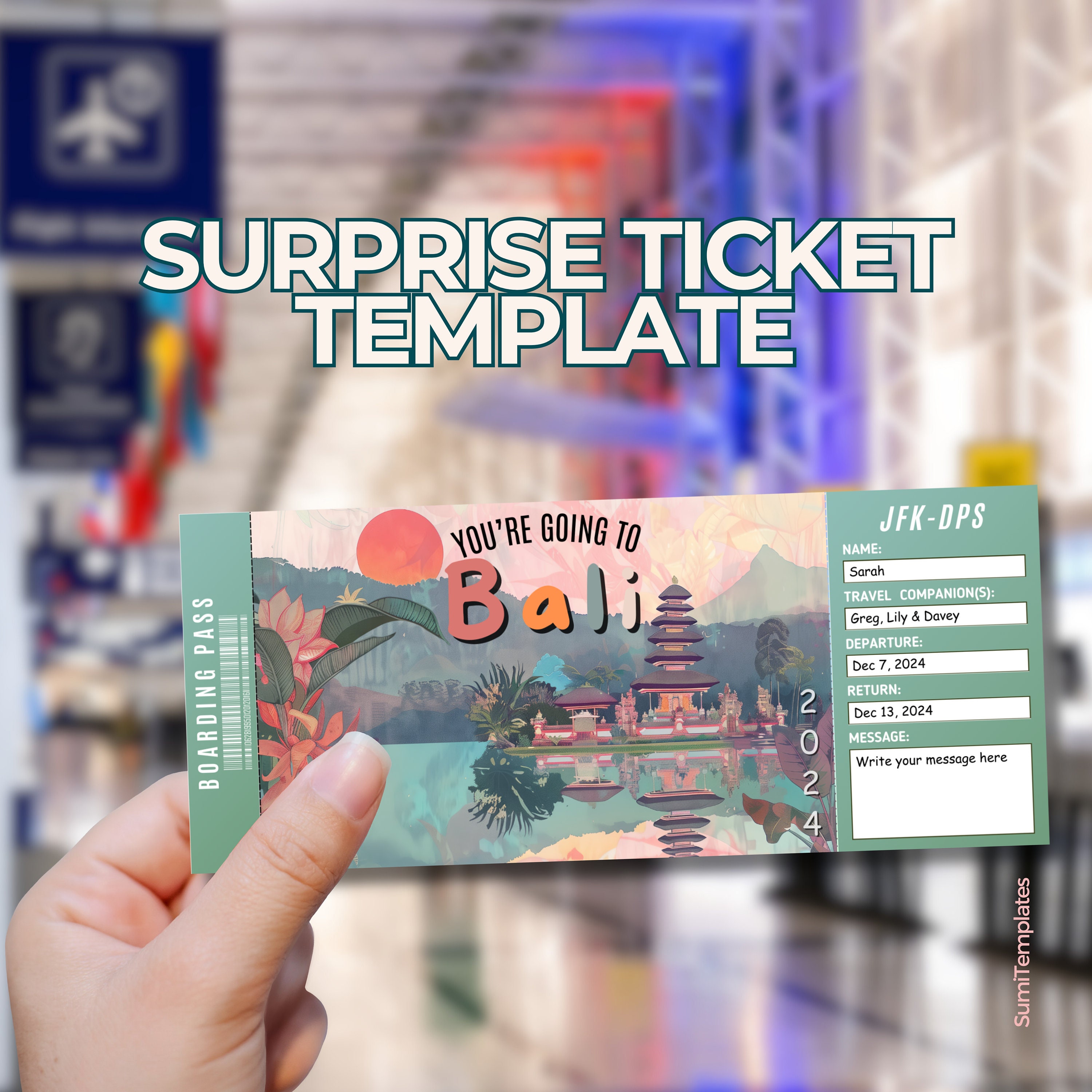 Editable Bali Boarding Pass, Custom Flight Ticket Canva Template ...