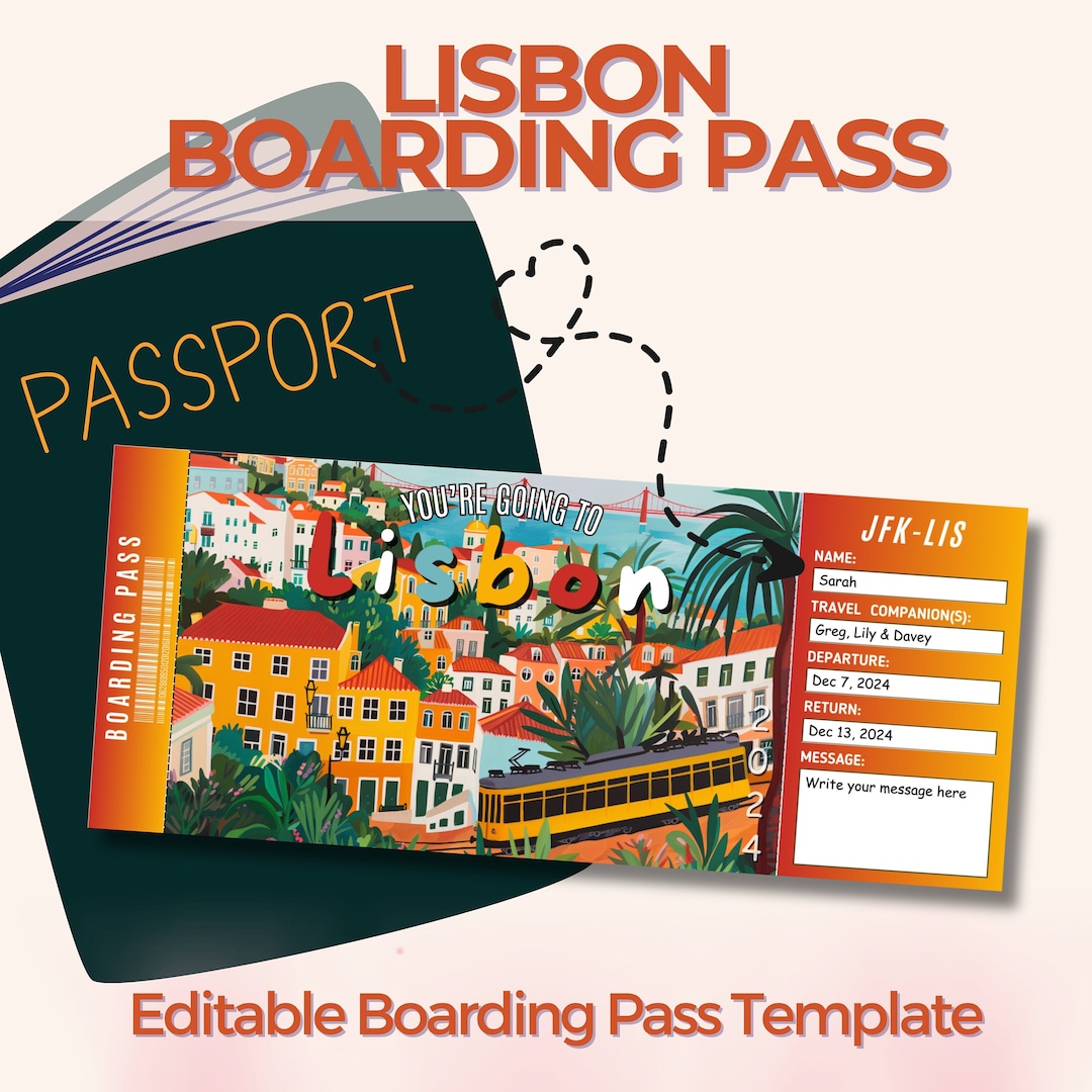 Lisbon Boarding Pass, Custom Flight Ticket, Editable Canva Template, Surprise Gift Ticket ...