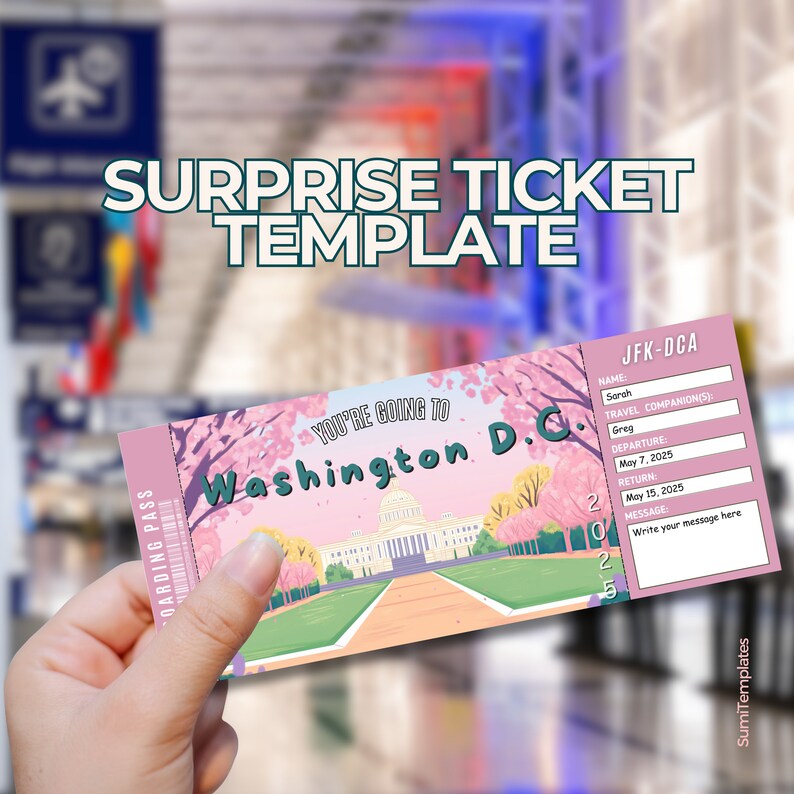 Washington D.C. Surprise Ticket, Editable Boarding Pass, Custom Flight ...