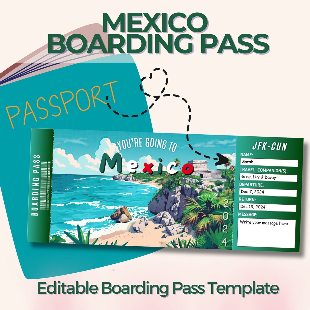 Mexico Beach Boarding Pass, Custom Flight Ticket, Editable Canva ...