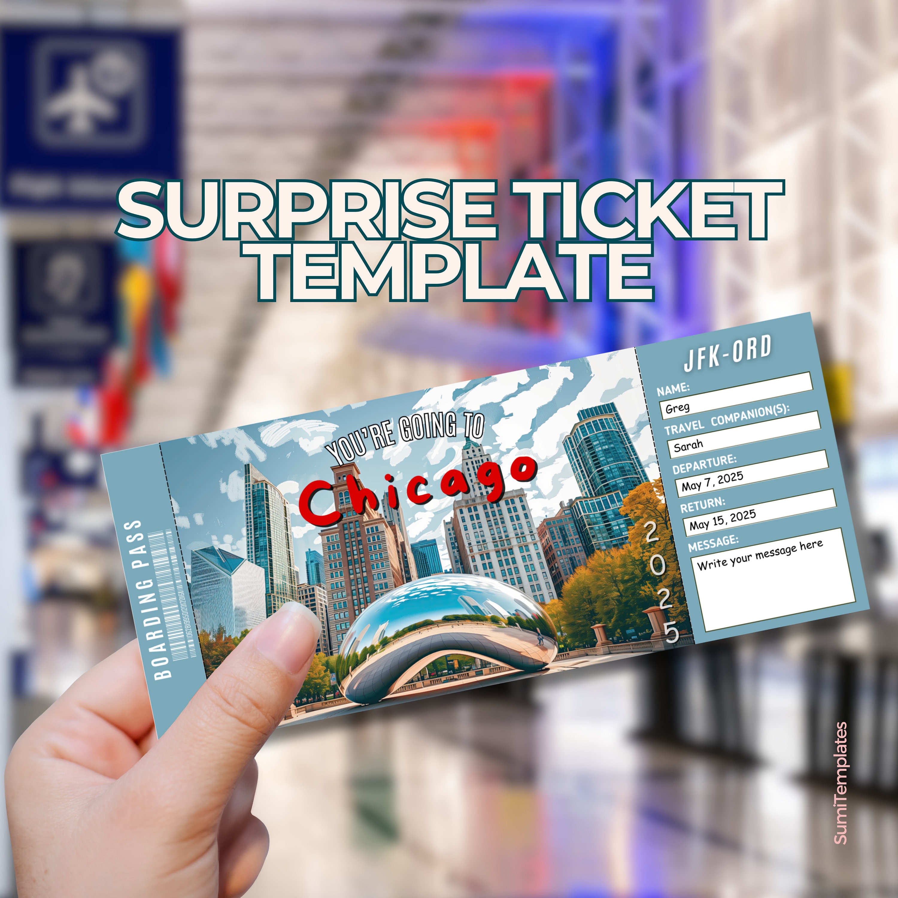 Editable Chicago Surprise Ticket, Boarding Pass, Custom Ticket Template ...