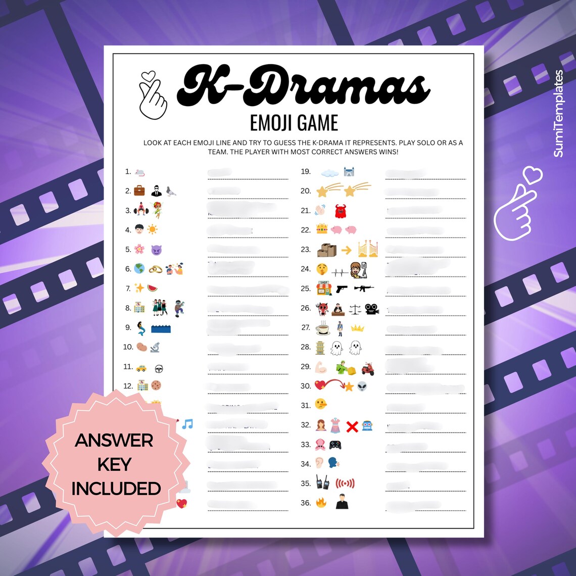 K-drama Emoji Game, Printable Party Game for Kdrama Fans, Korean Drama ...