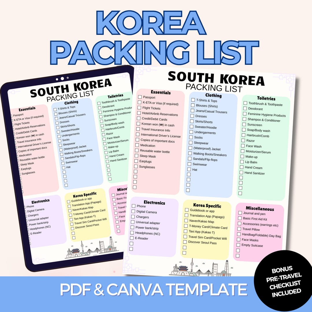 Printable Korea Packing List, South Korea Checklist, Color-coded ...