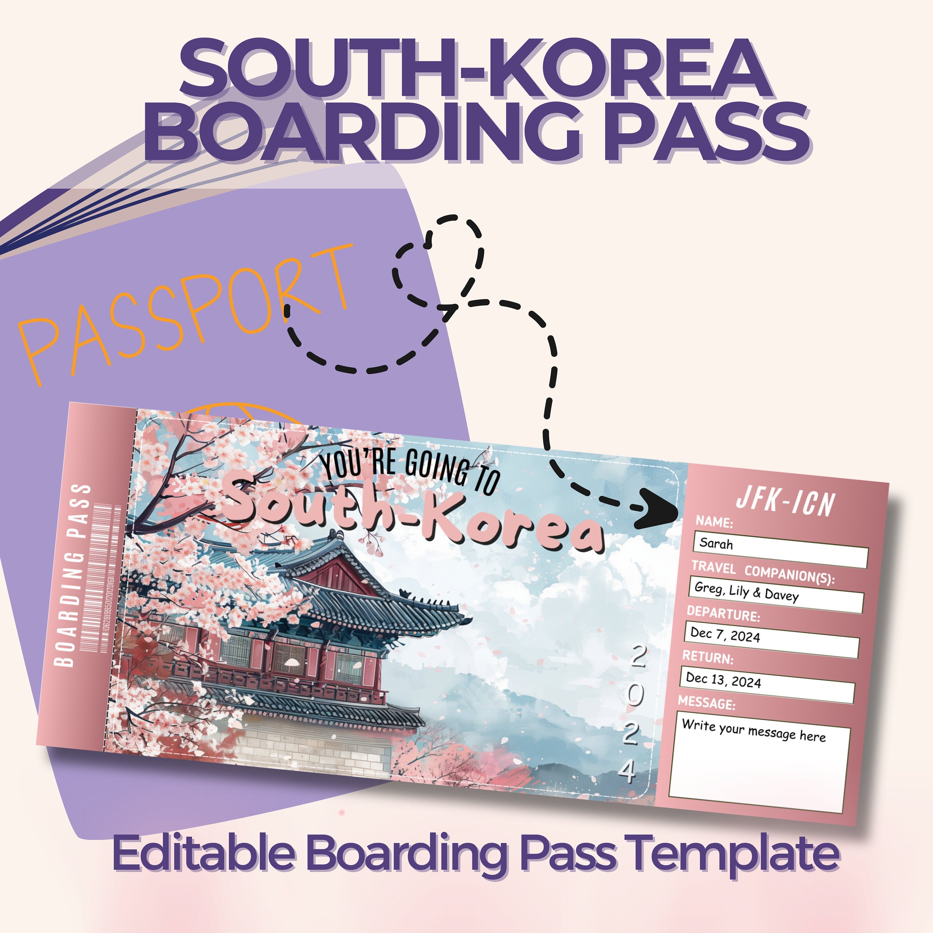 Editable South Korea Boarding Pass, Custom Ticket Template, Seoul Trip ...