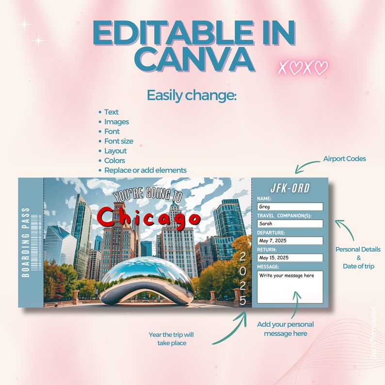 Editable Chicago Surprise Ticket, Boarding Pass, Custom Ticket Template ...
