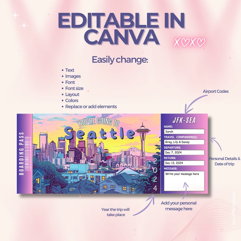 Seattle Boarding Pass, Custom Flight Ticket Template, Surprise Ticket ...