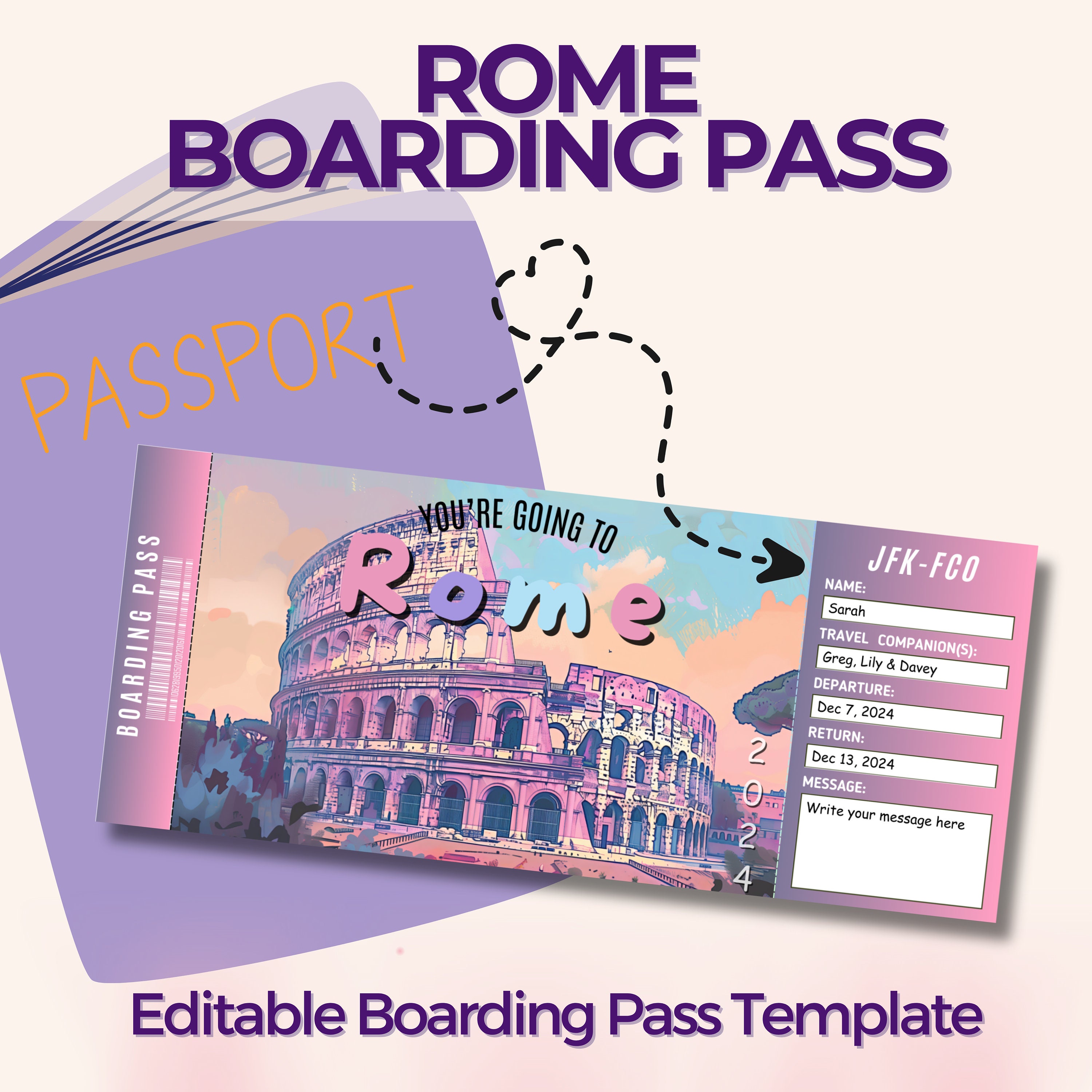 Rome Boarding Pass, Custom Flight Ticket, Editable Canva Template ...
