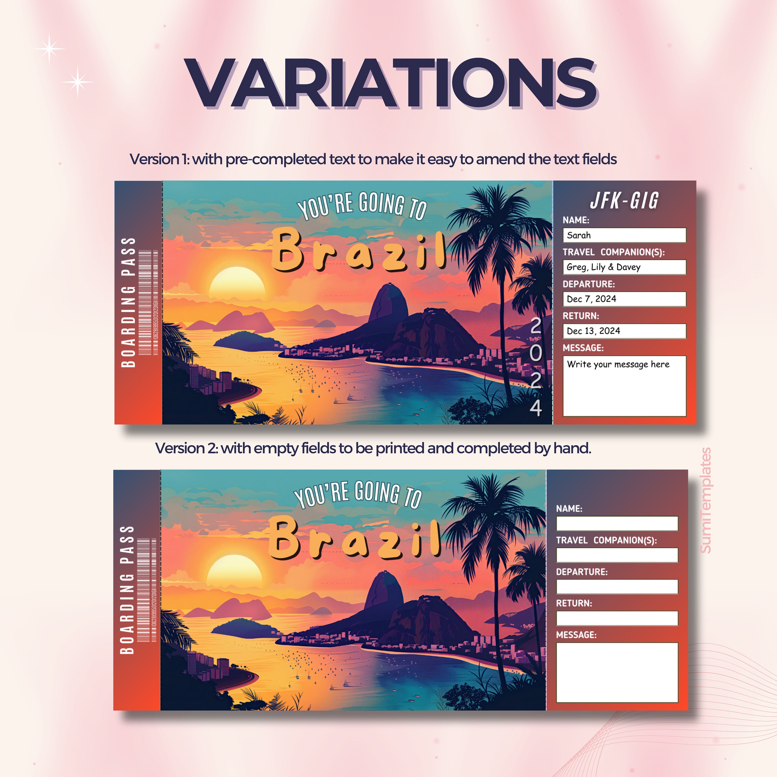 Editable Brazil Boarding Pass, Custom Flight Ticket Template, Girls ...