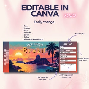 Editable Brazil Boarding Pass, Custom Flight Ticket Template, Girls ...