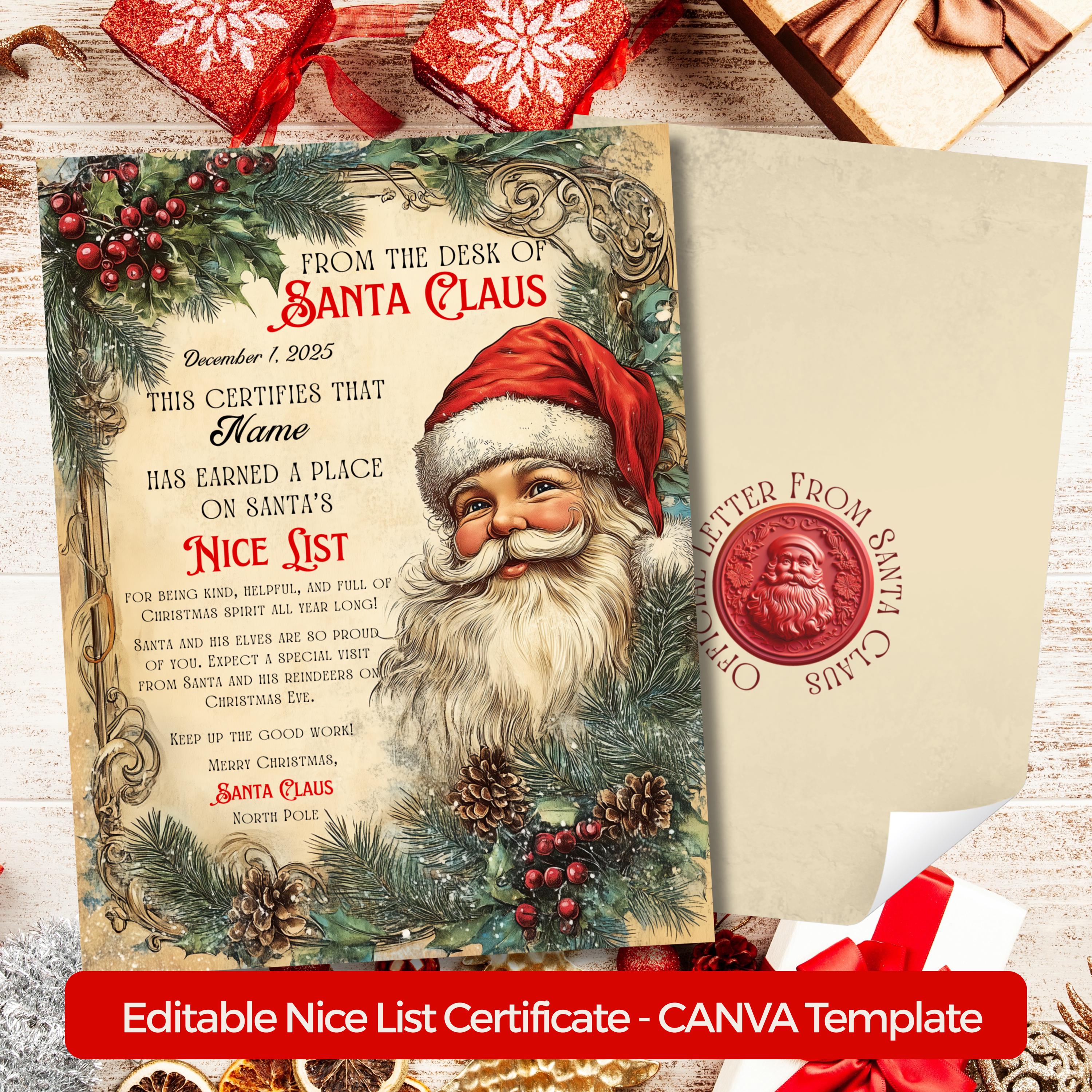 Letter From Santa Claus, Editable Canva Template, Nice List Certificate ...