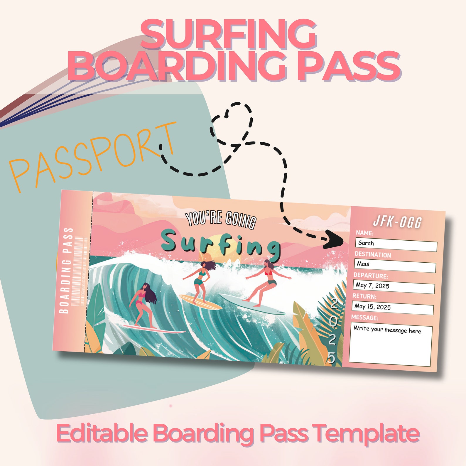 Editable Surfing Boarding Pass, Surprise Ticket, Custom Flight Ticket ...