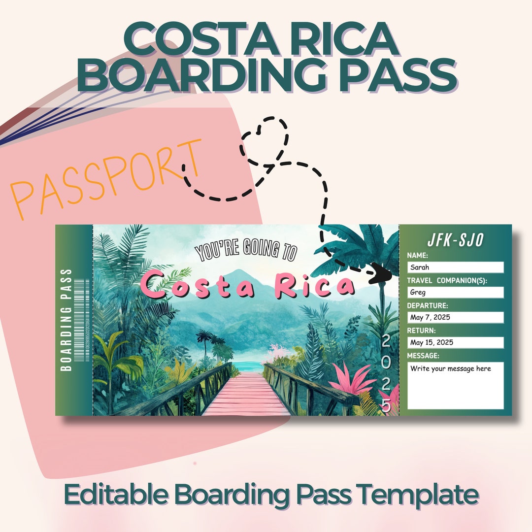 Editable Costa Rica Boarding Pass, Surprise Ticket, Custom Fight Ticket ...