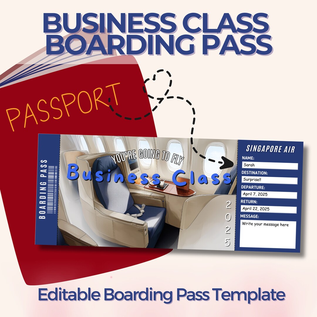 Editable Business Class Boarding Pass, Surprise Ticket, Custom Flight ...