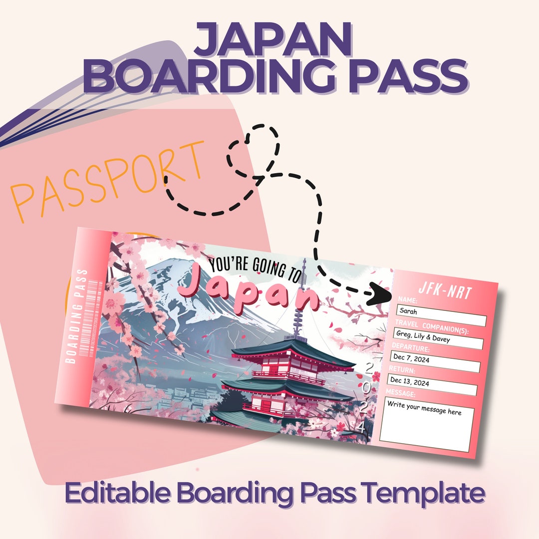Editable Japan Boarding Pass, Custom Airplane Ticket Template, City ...