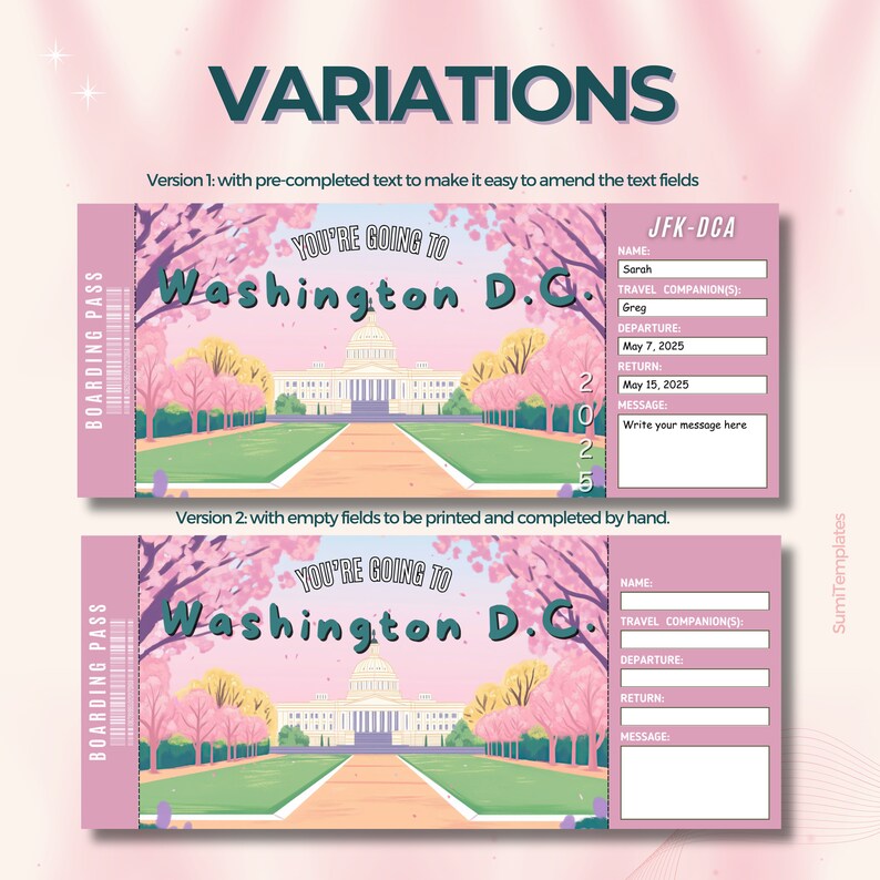 Washington D.C. Surprise Ticket, Editable Boarding Pass, Custom Flight ...