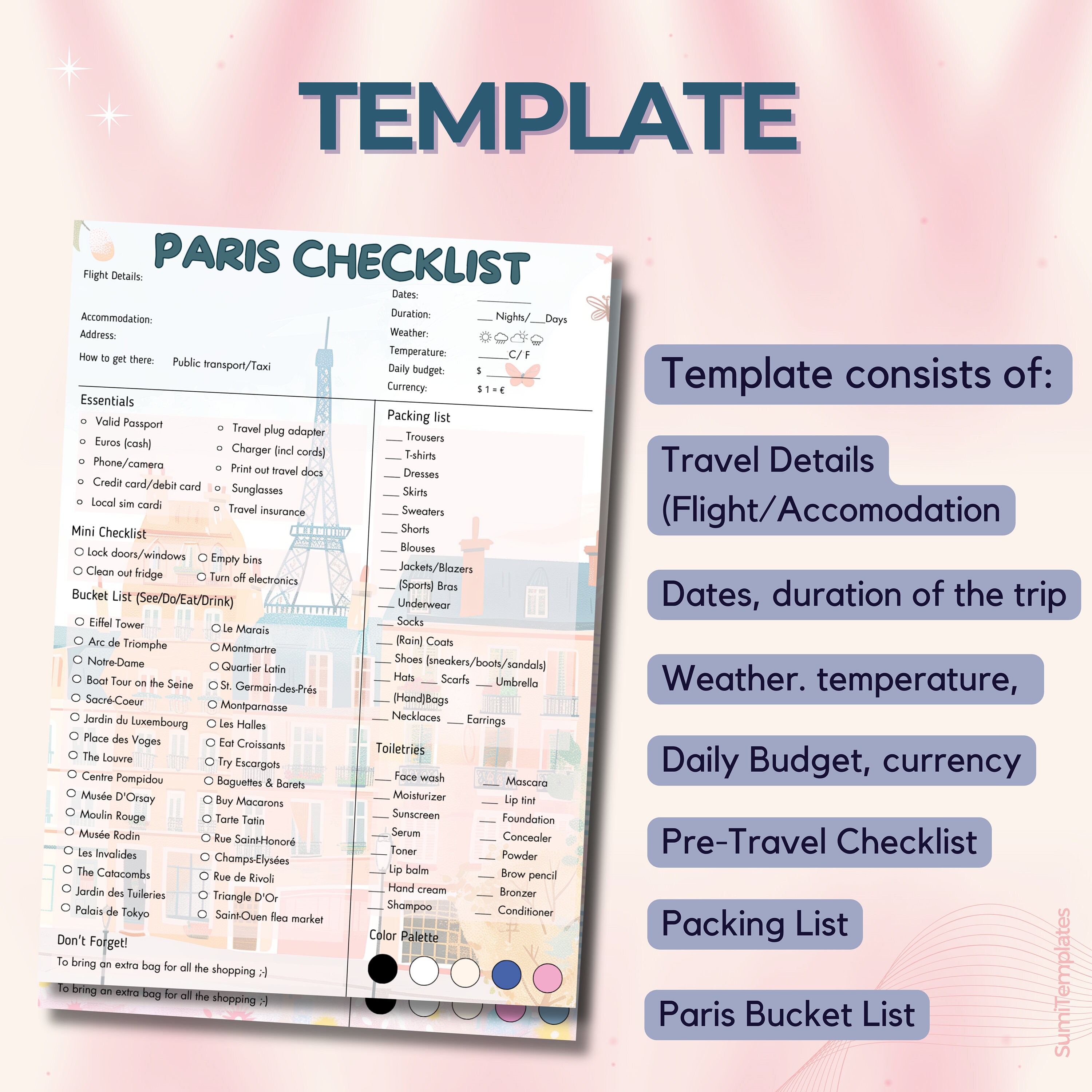Paris Checklist Canva Template - France Minimalist Travel Planner and ...