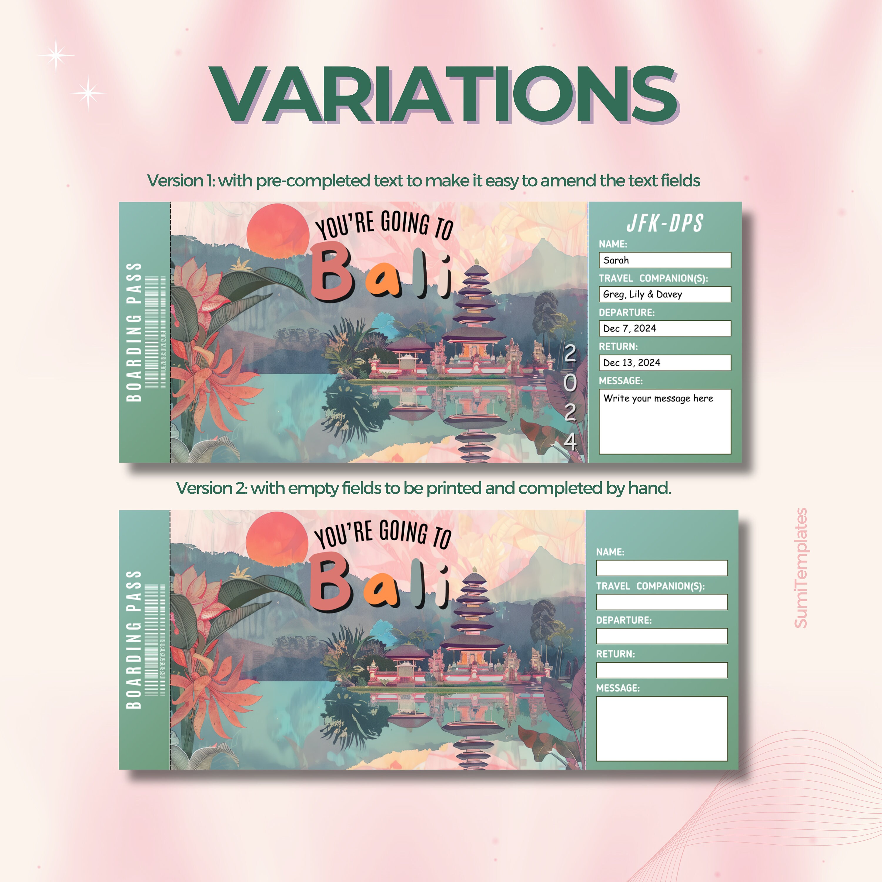 Editable Bali Boarding Pass, Custom Flight Ticket Canva Template ...