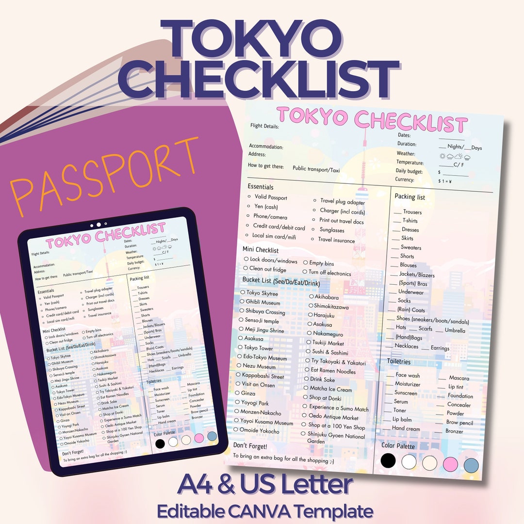 Tokyo Checklist Canva Template - Japan Minimalist Travel Planner and ...