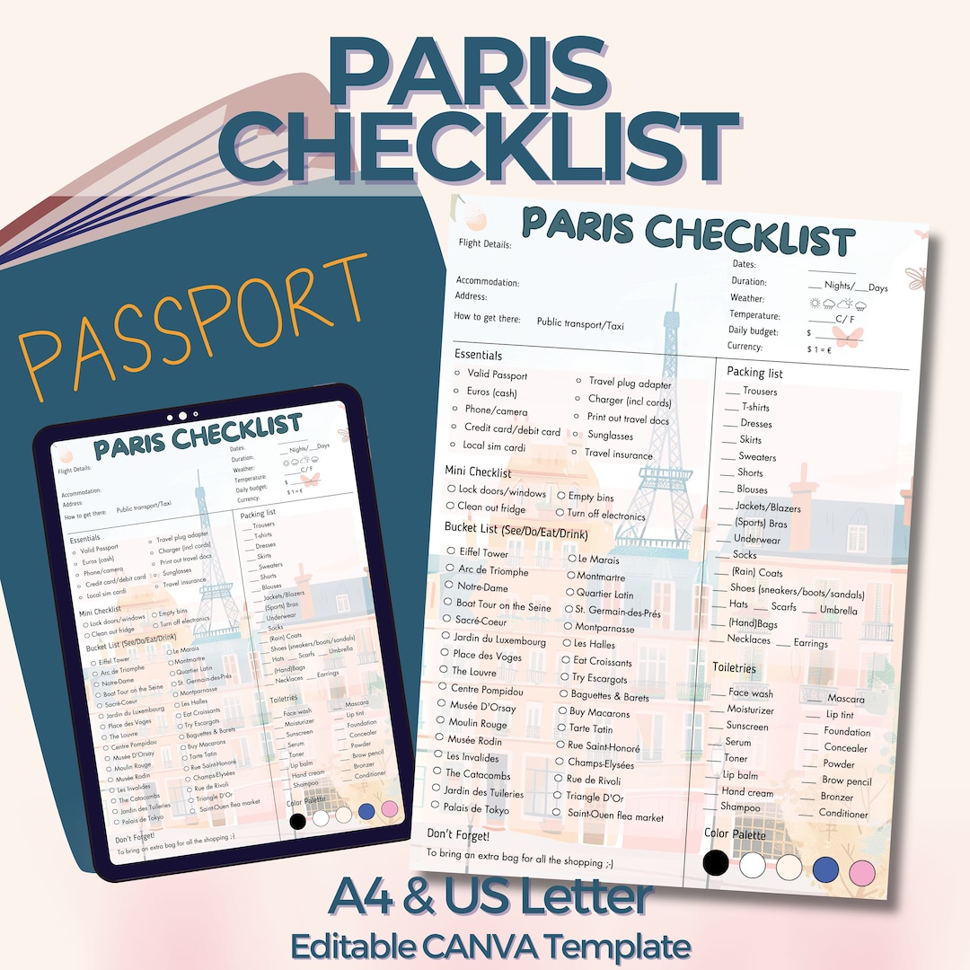 Paris Checklist Canva Template - France Minimalist Travel Planner and ...