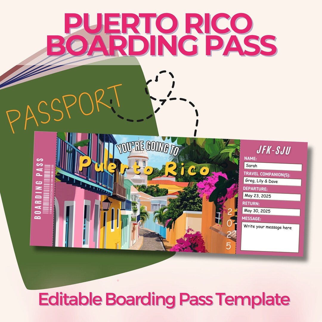 Puerto Rico Surprise Ticket, Editable Boarding Pass, Custom Flight ...