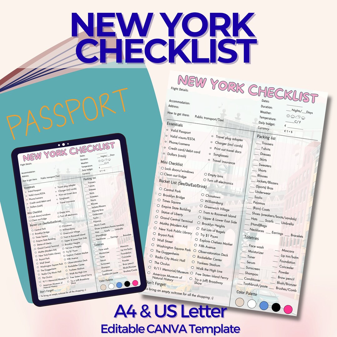 New York Checklist Canva Template - Minimalist Travel Planner and ...