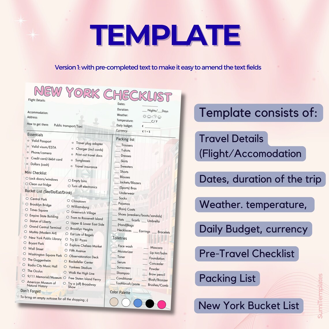 New York Checklist Canva Template - Minimalist Travel Planner and ...