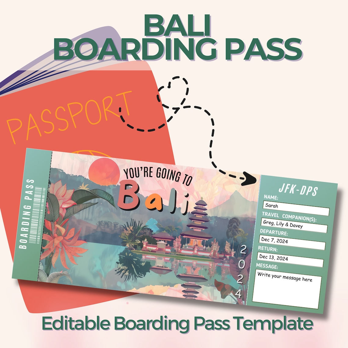 Editable Bali Boarding Pass, Custom Flight Ticket Canva Template ...
