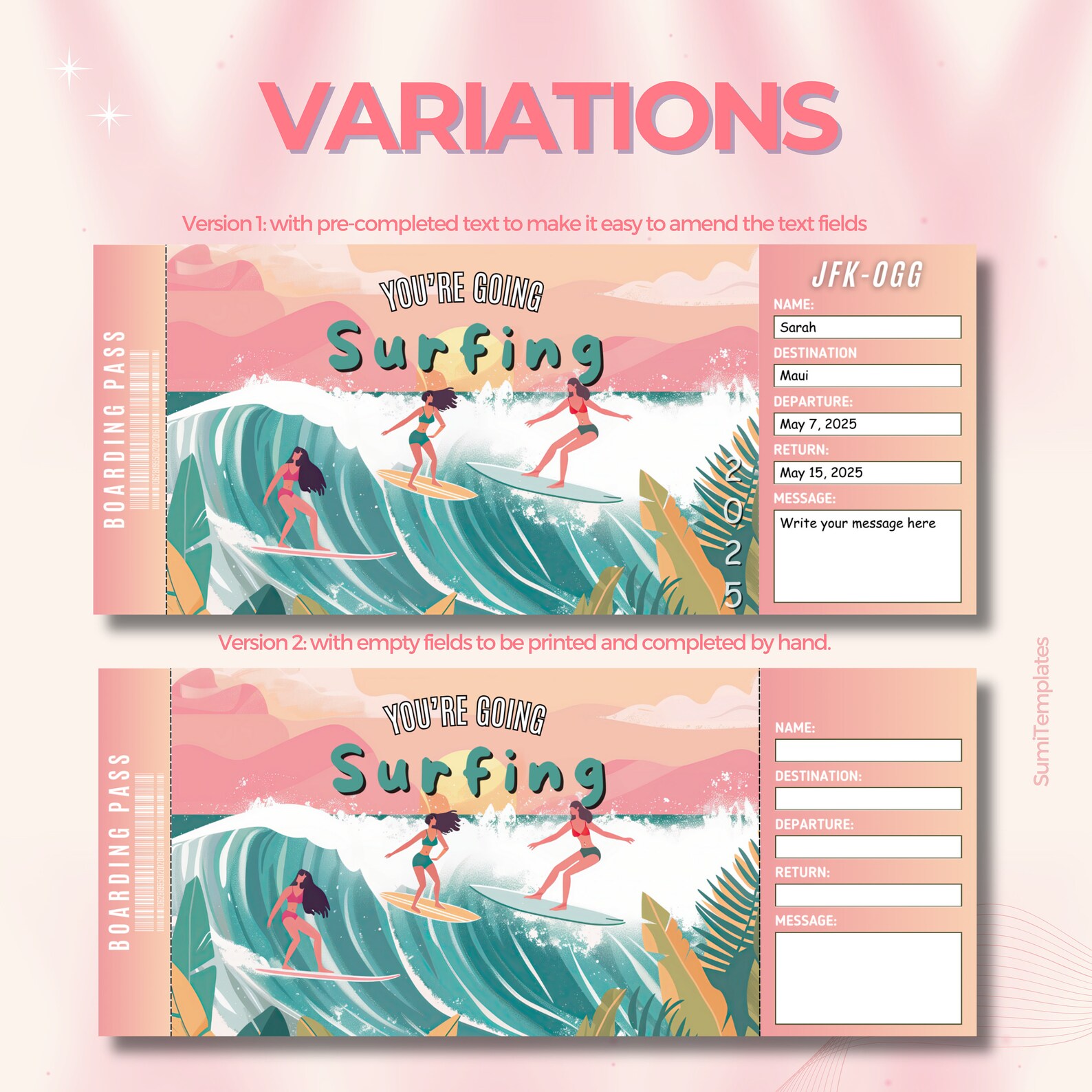 Editable Surfing Boarding Pass, Surprise Ticket, Custom Flight Ticket ...