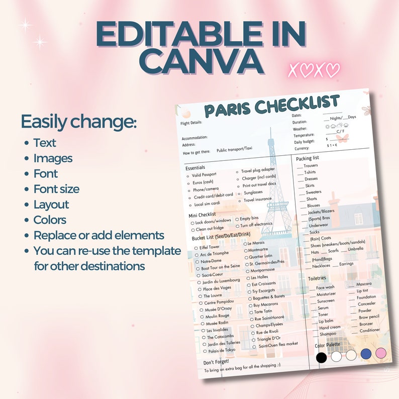 Paris Checklist Canva Template - France Minimalist Travel Planner and ...