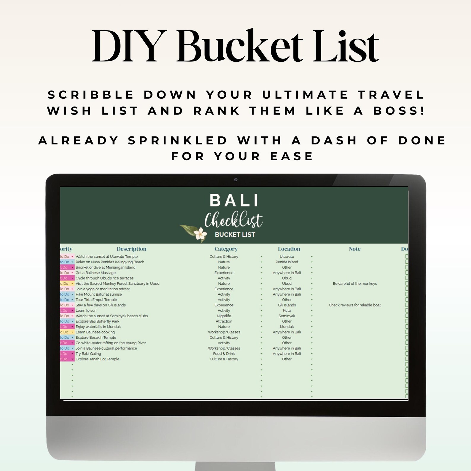 Bali Travel Checklist, Bali Essentials, Packing List, Google Sheets ...