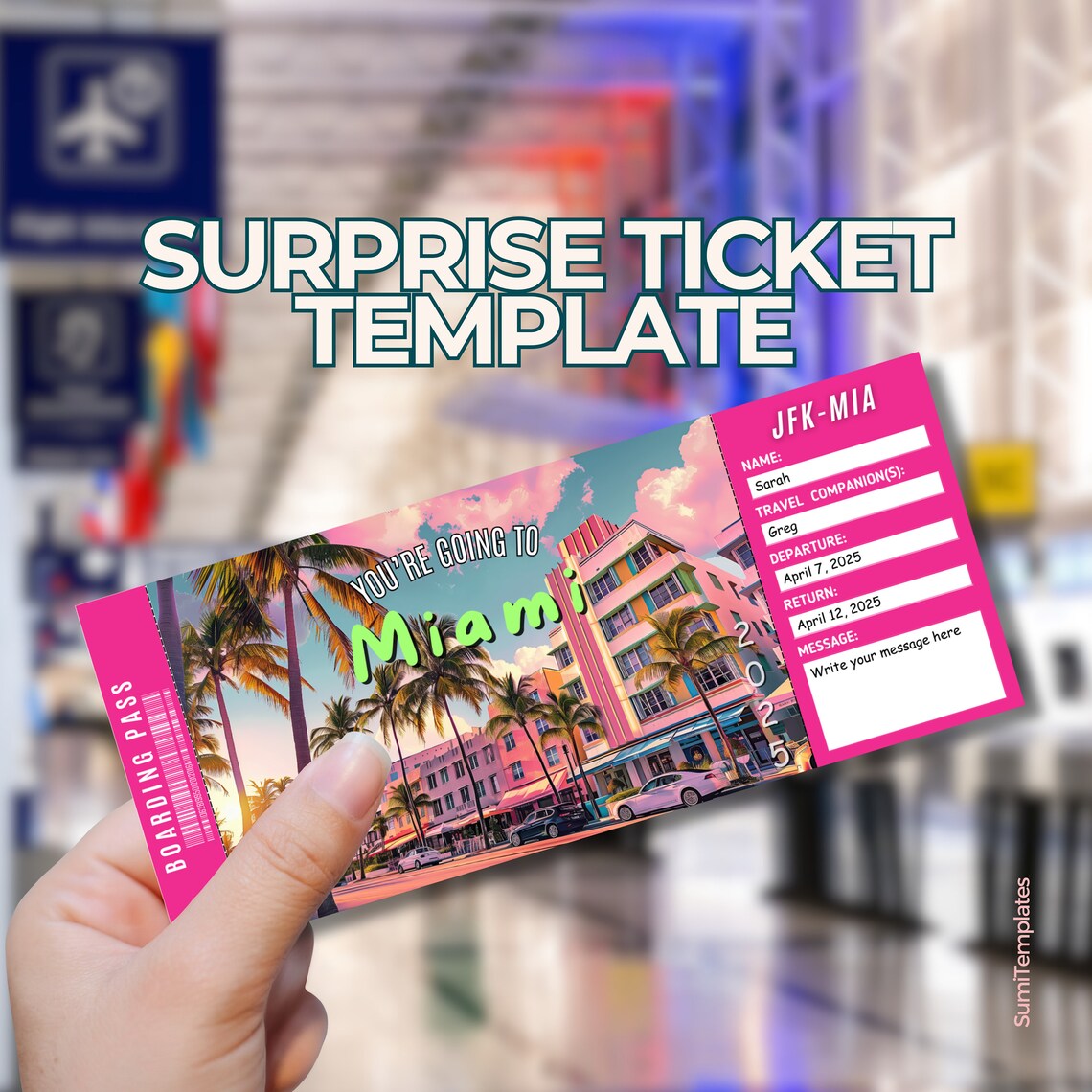 Editable Miami Boarding Pass, Surprise Ticket, Custom Ticket Template ...