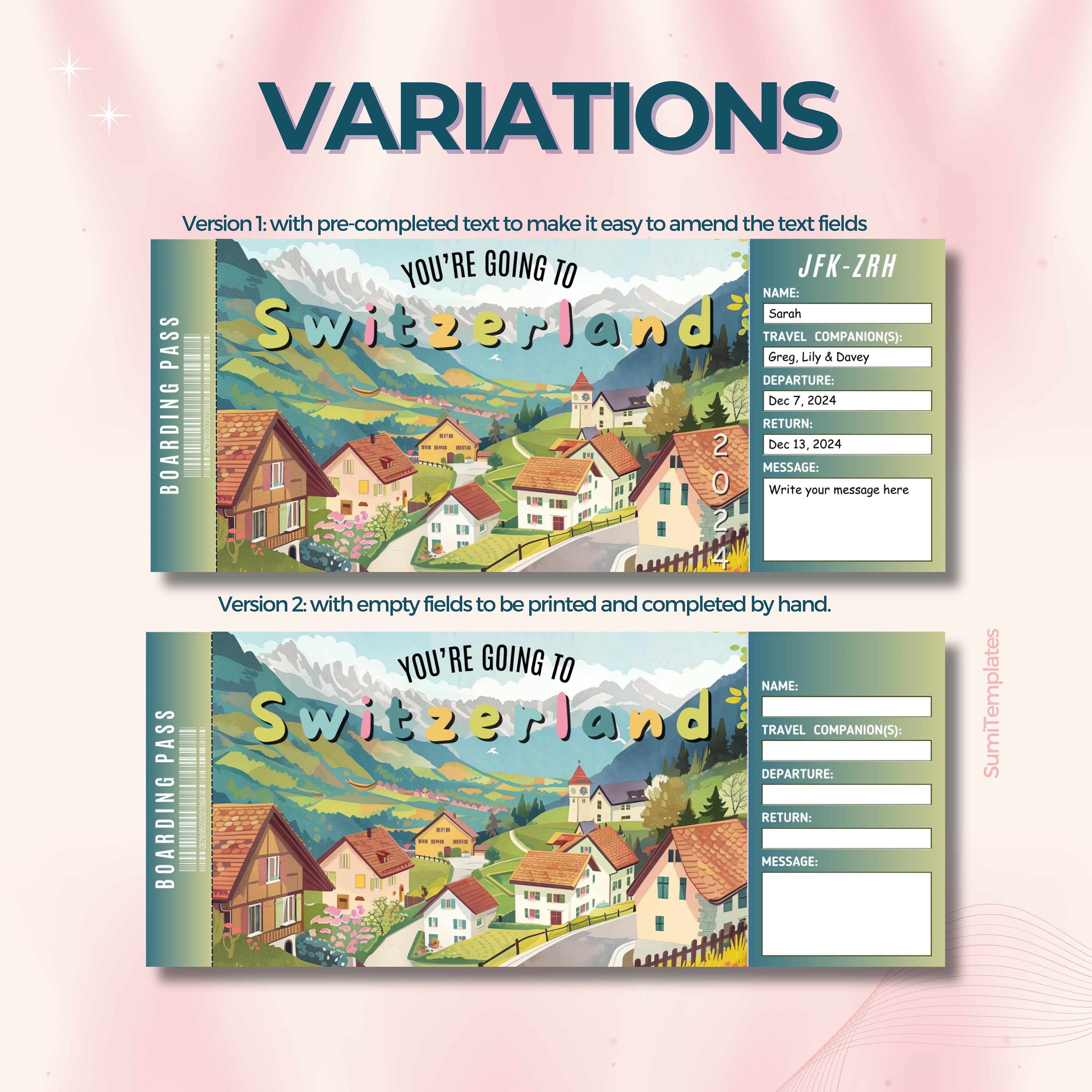 Switzerland Boarding Pass, Custom Flight Ticket, Editable Canva ...