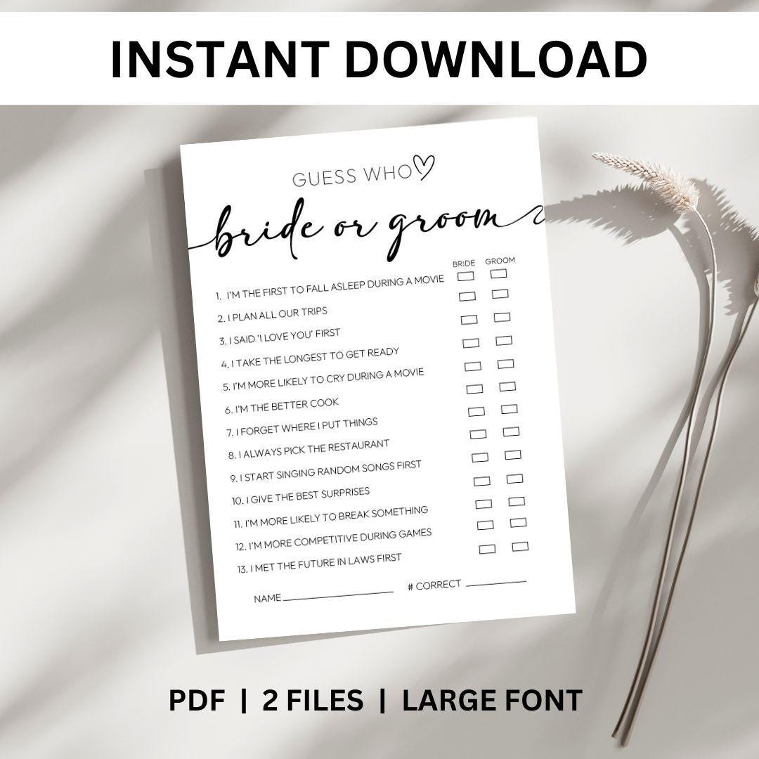 Guess Who Bride or Groom Game, Bridal Shower Game Template, Bride or ...