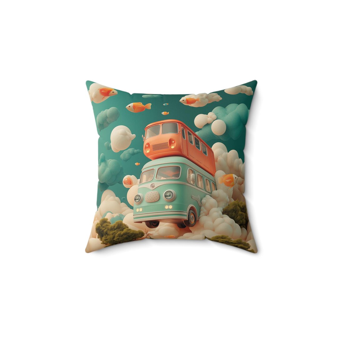 Surreal Bus Pillow, Kids Room Decor, Clouds, Spun Polyester Square ...