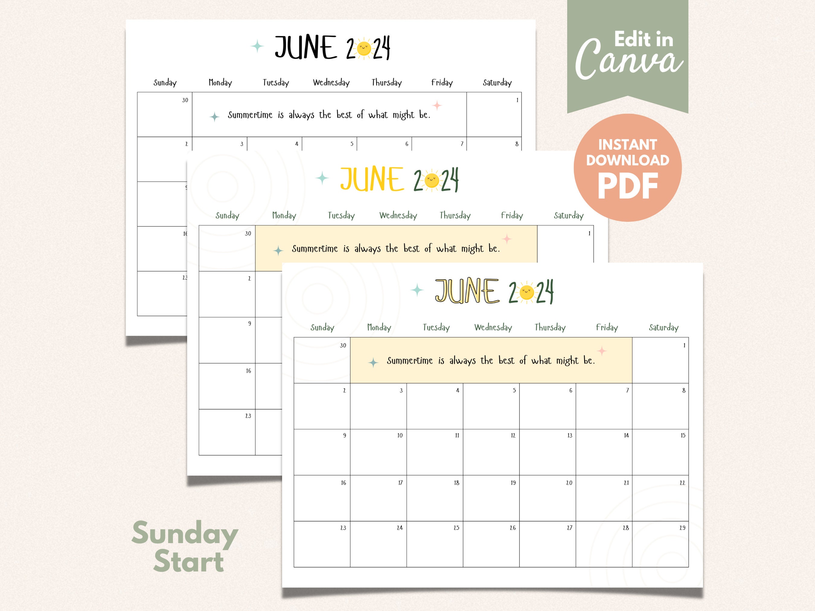 Editable June Calendar 2024, Printable Summer Calendar for Kids, Summer ...