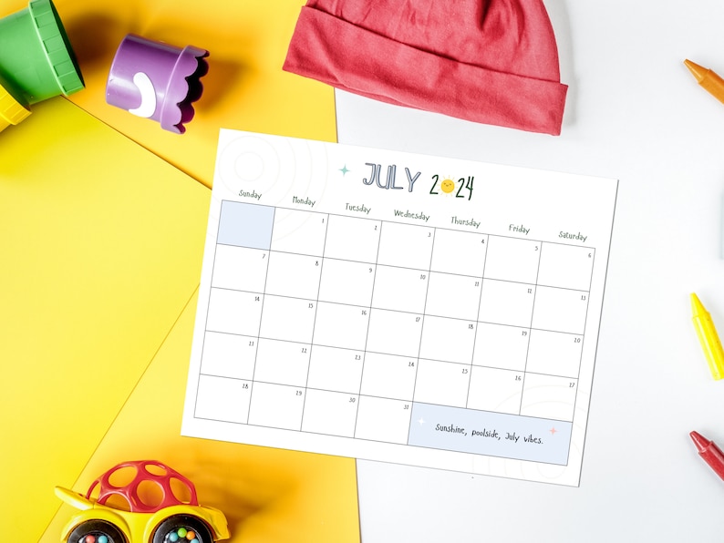 JULY Calendar 2024, Editable and Printable Summer Calendar for Kids ...