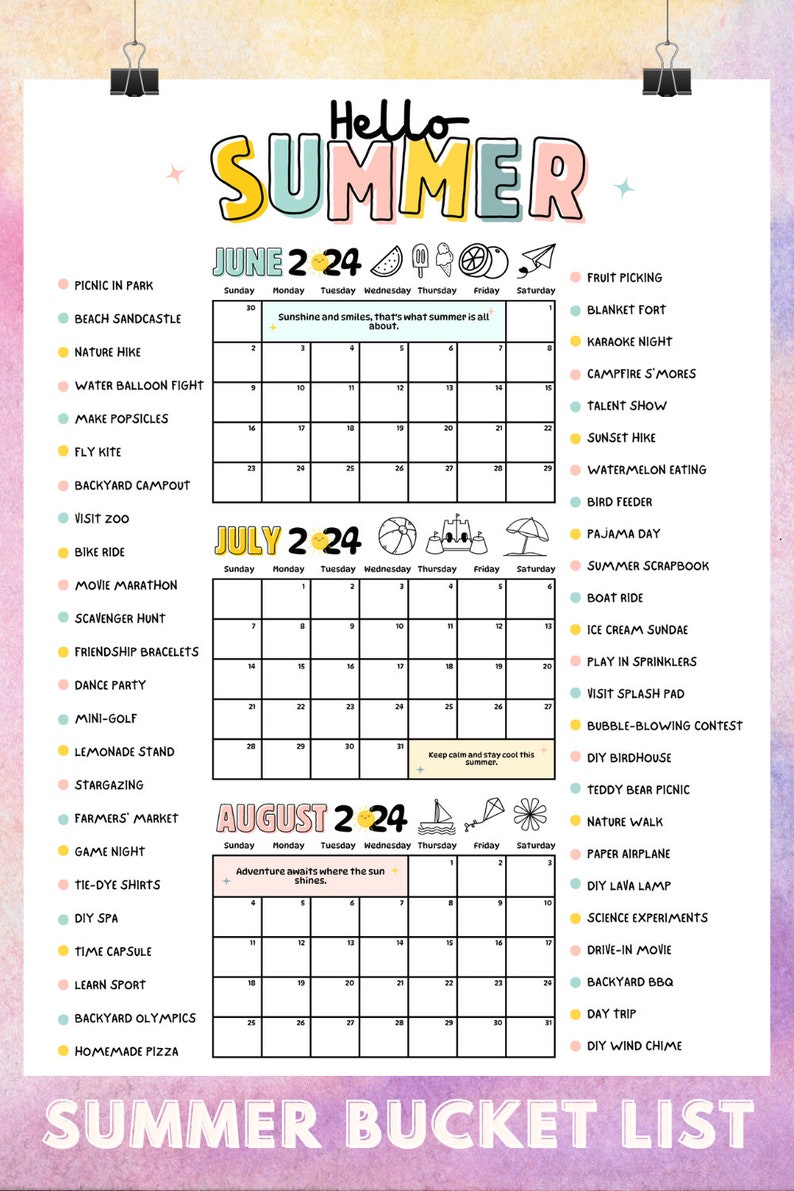 Summer Bucket List for Kids, Editable and Printable Summer Calendar ...