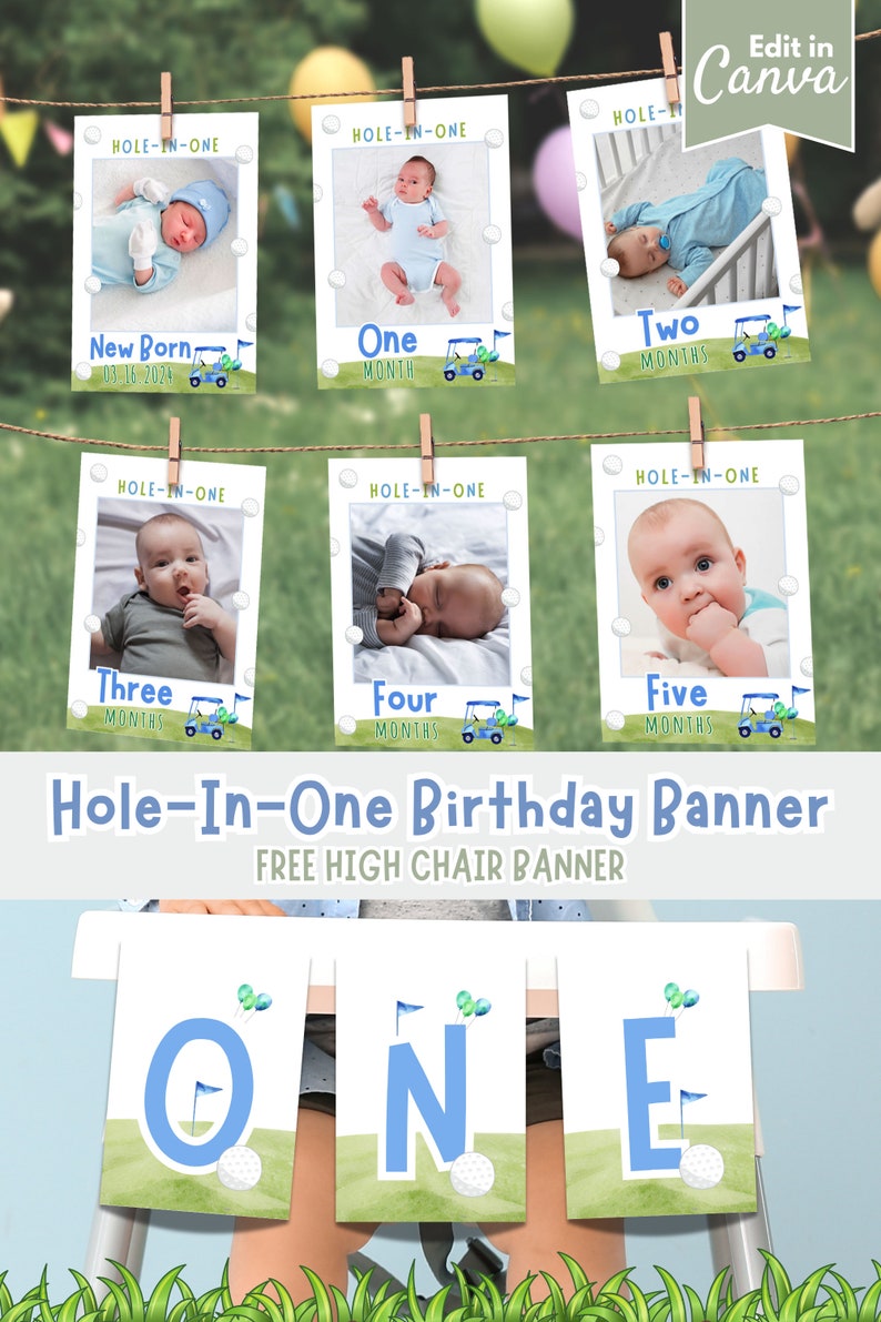 Golf First Birthday Photo Banner Canva Template, Hole in One Birthday ...
